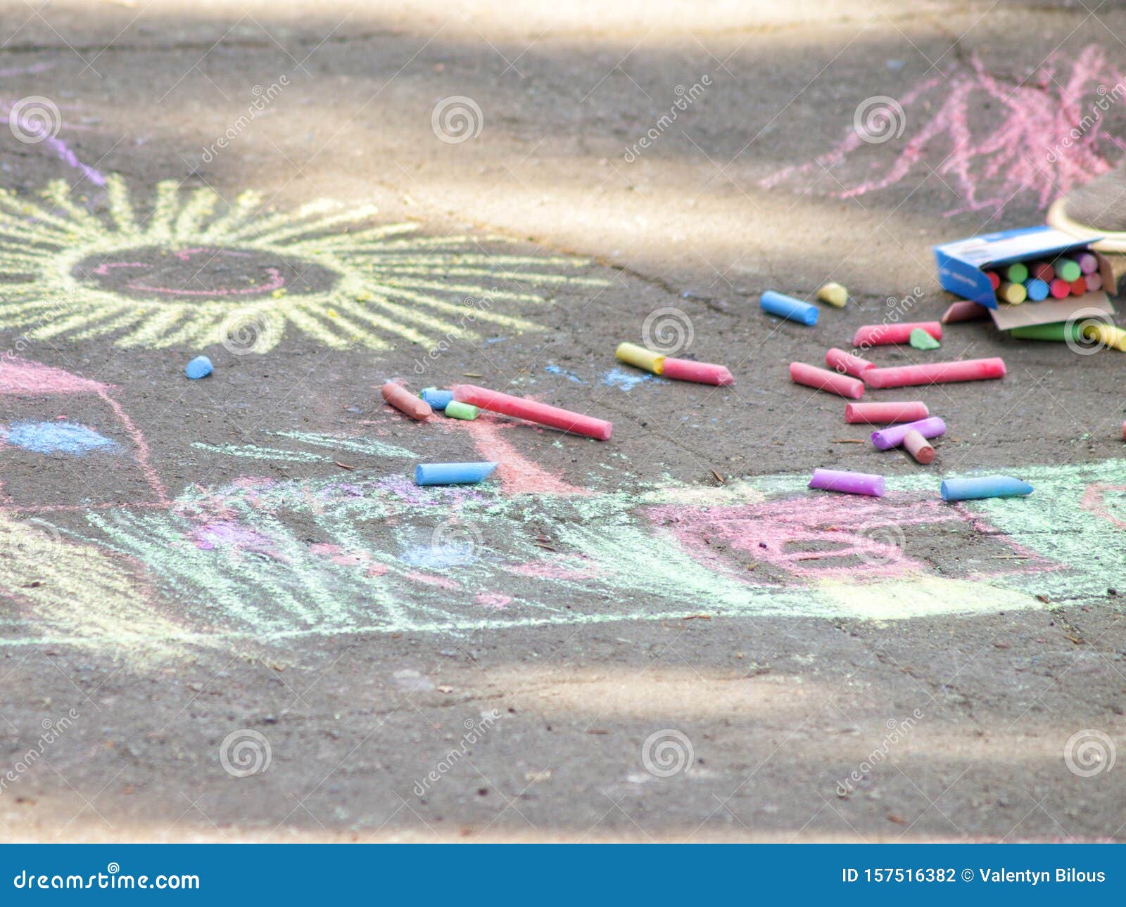 Children Draw on the Pavement with Chalk Stock Photo - Image of ...