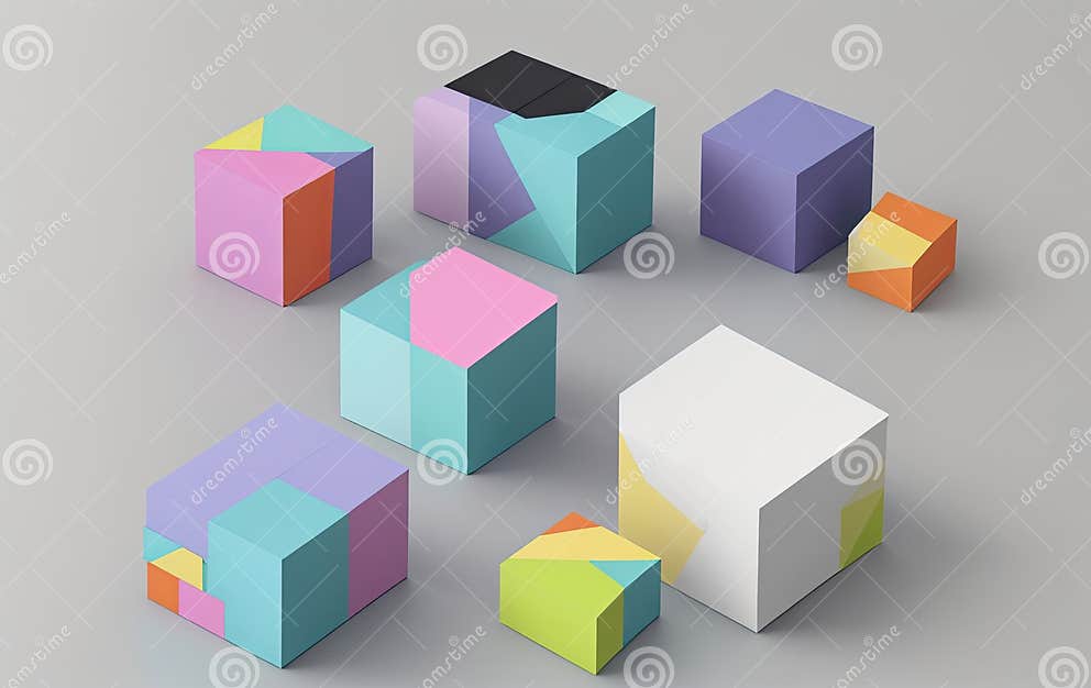 Multi-colored Cubes of Different Sizes on a Gray Background ...