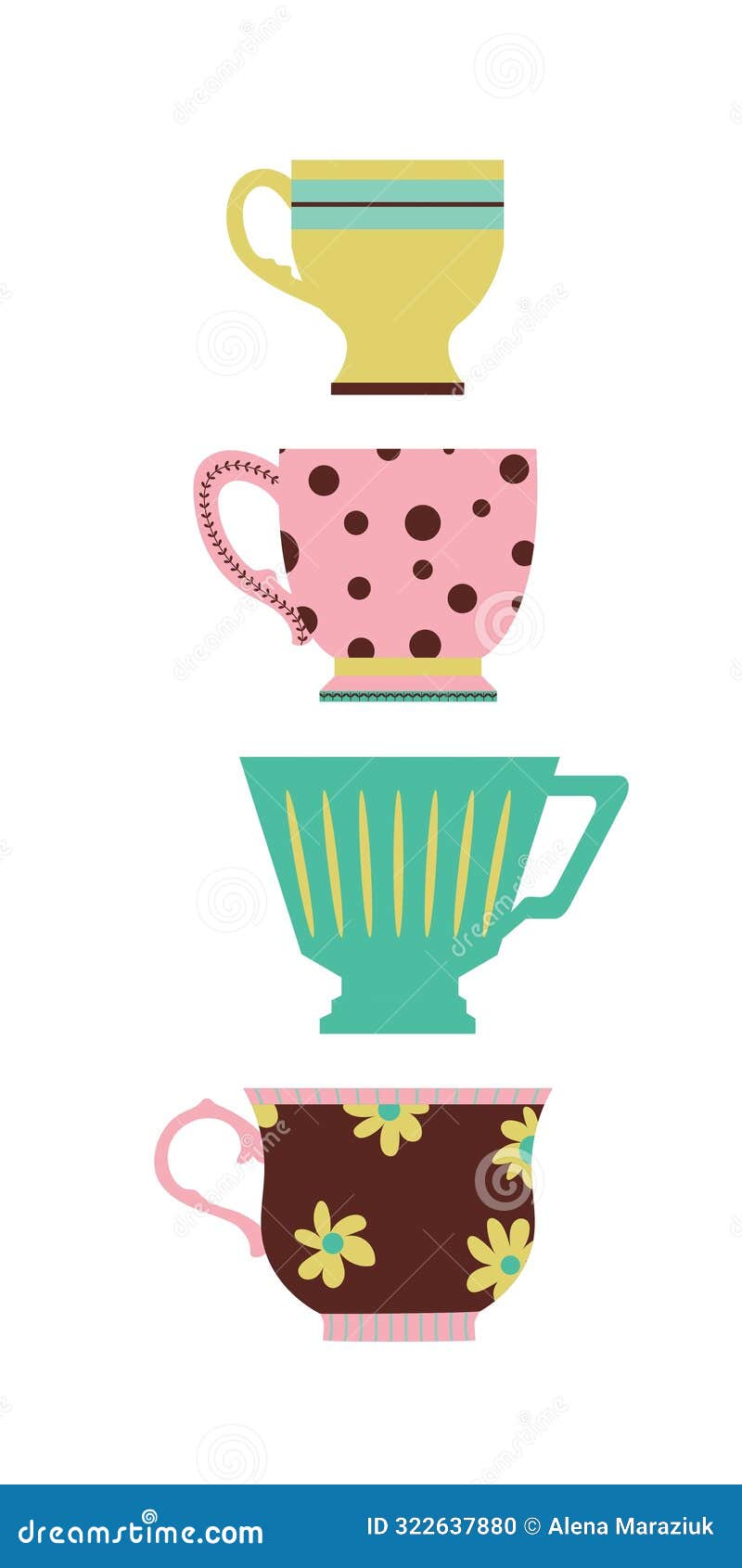Multi-colored Cup Set with Different Patterns. Tea, Coffee, Drinks ...