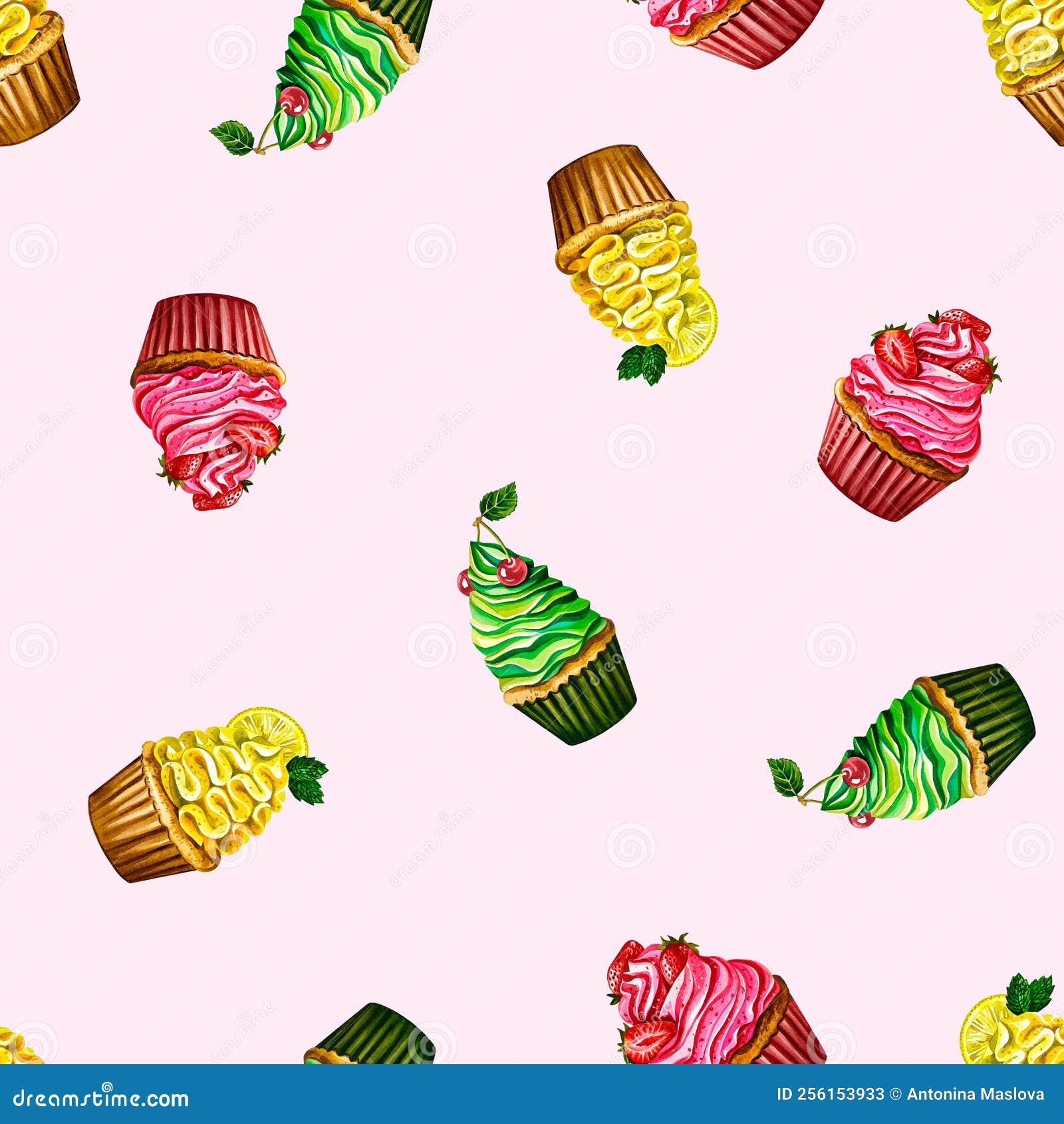 Multi-colored Cupcakes with Cream. Seamless Pattern. Watercolor ...