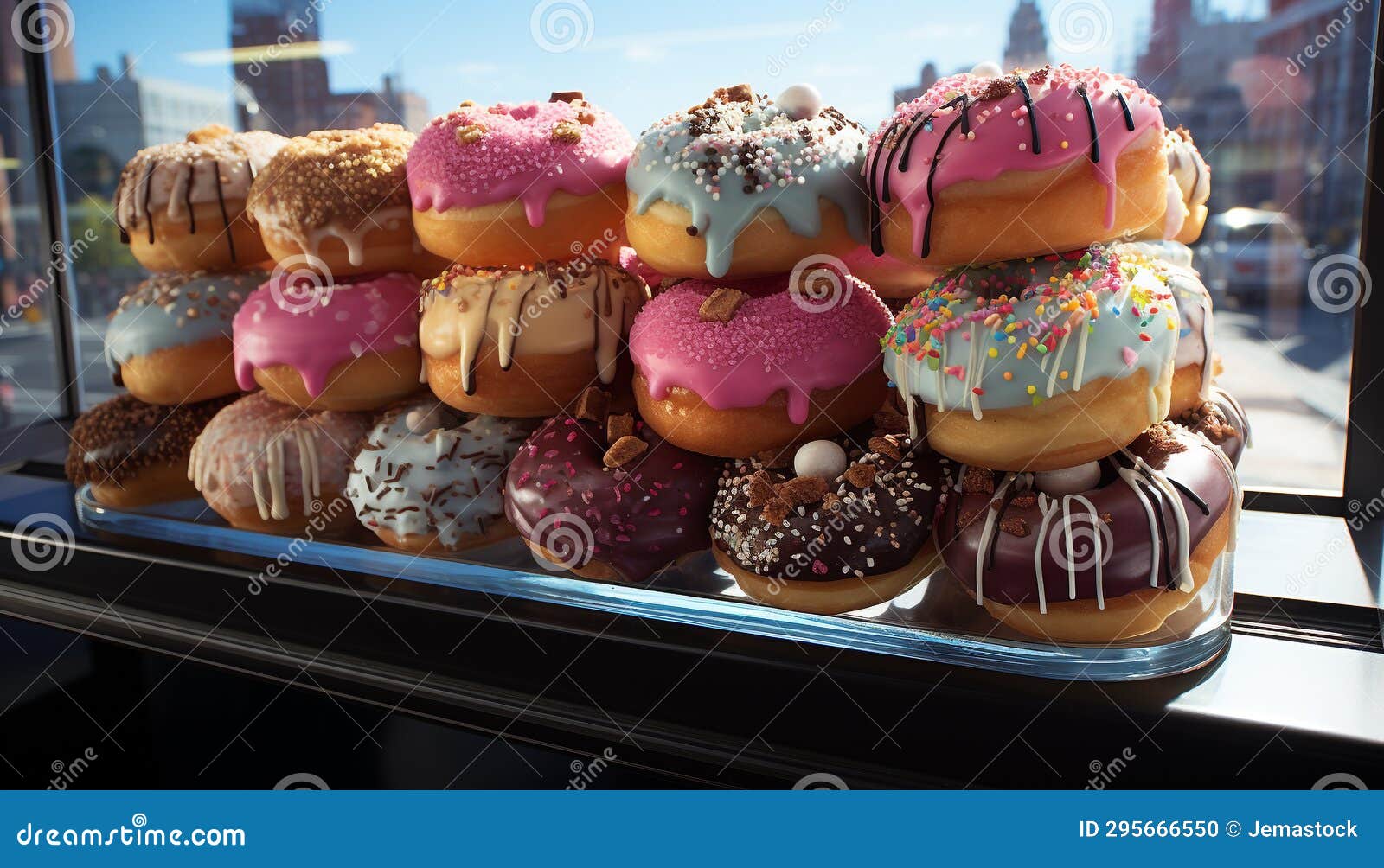 Multi Colored Donut with Chocolate Icing on Table Generated by AI Stock ...