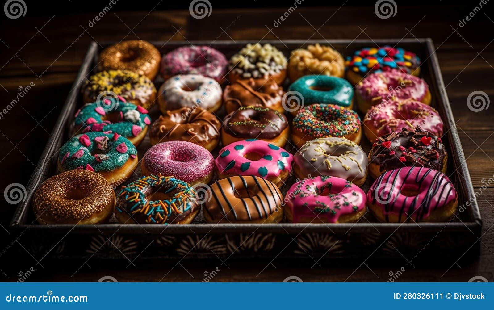 Multi Colored Donut Stack on Rustic Wood Plate, Tempting Indulgence ...
