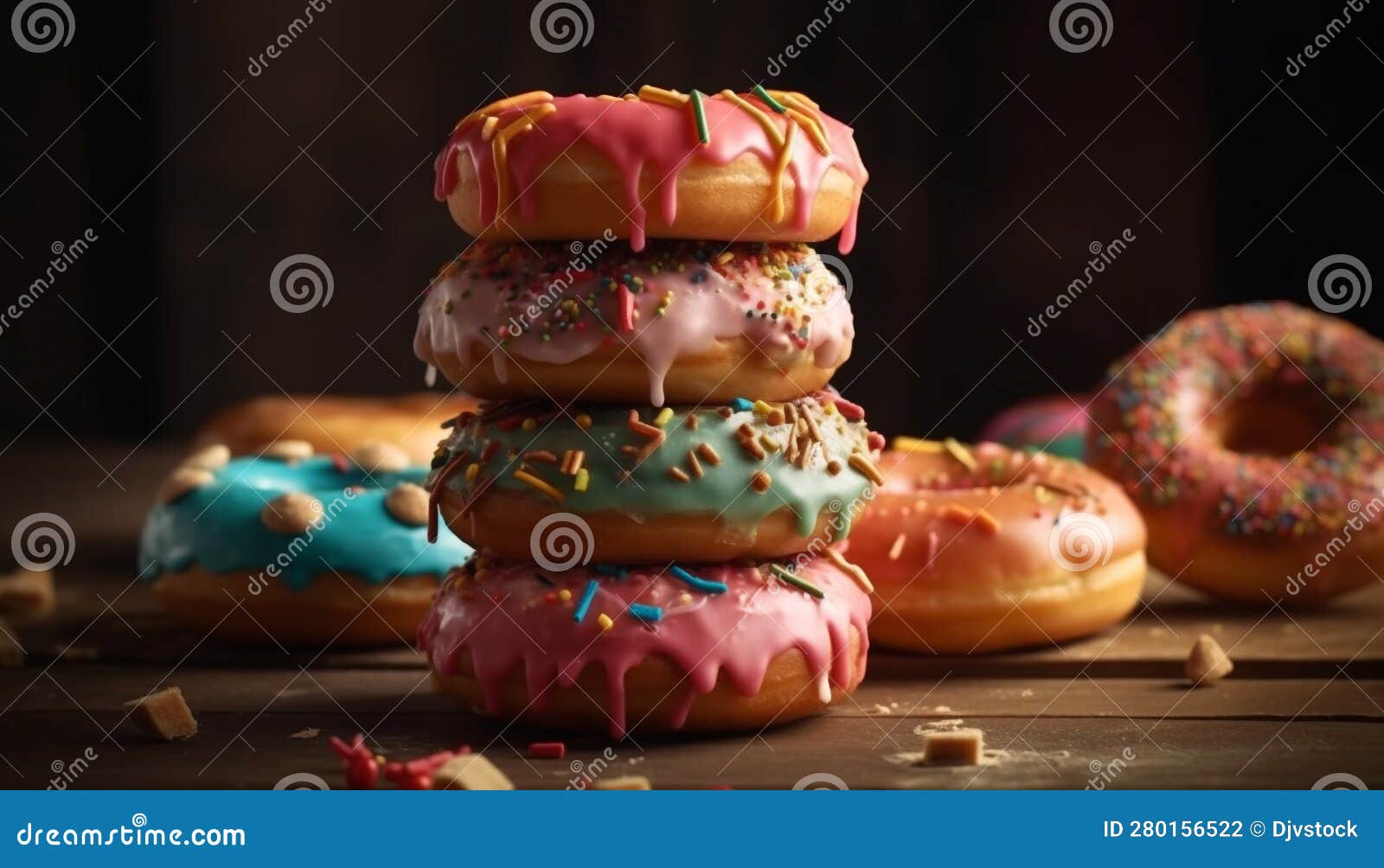 Multi Colored Donut Stack on Rustic Wood Table, Tempting Indulgence ...
