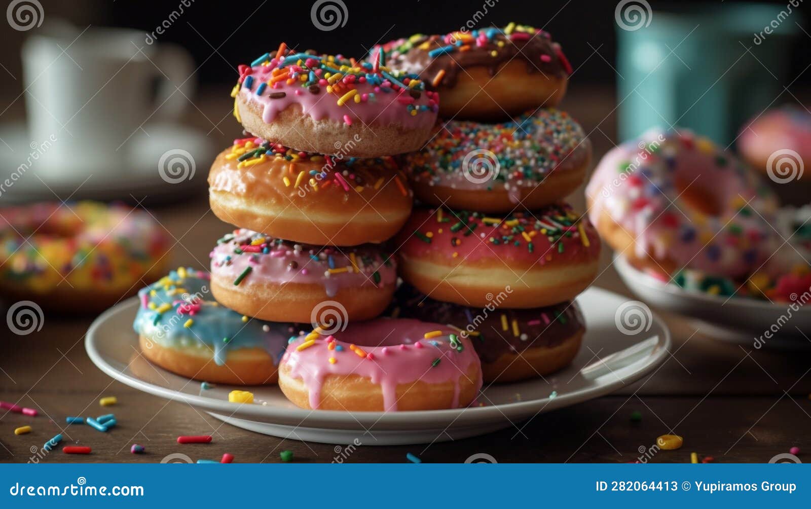 Multi Colored Donut Stack on Wood Plate, a Sweet Indulgence Temptation ...