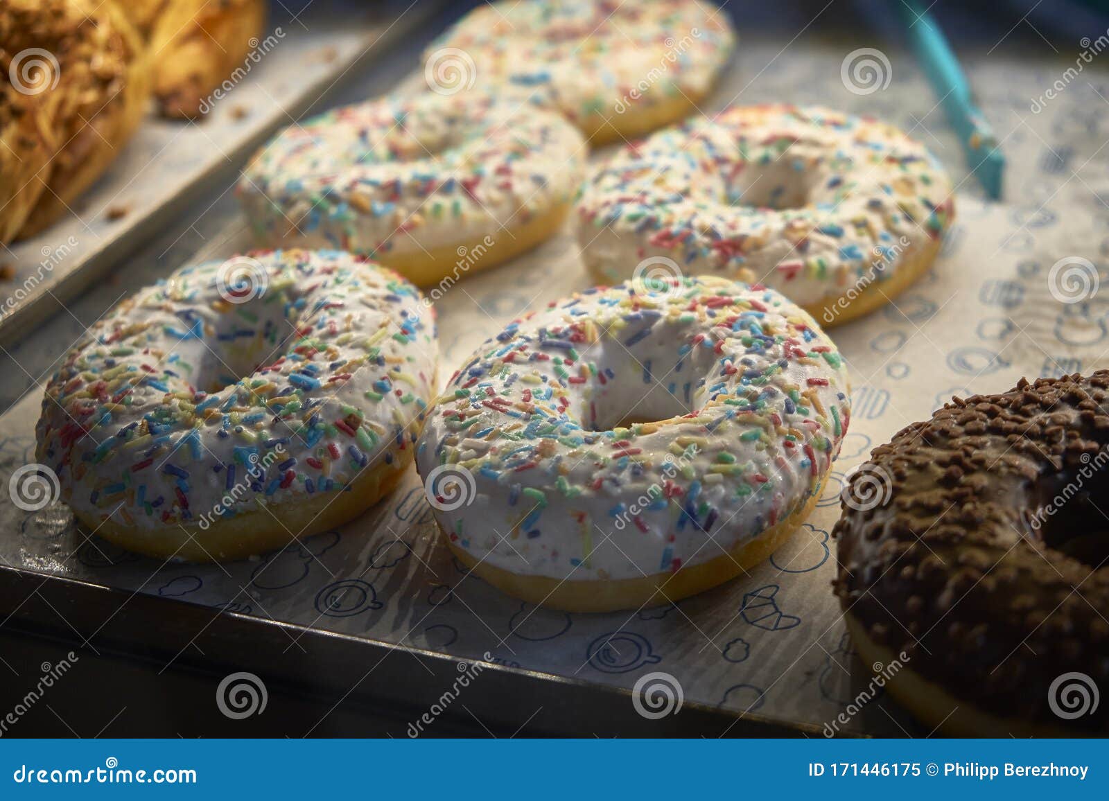 Multi Colored Donuts on the Cafe Counter Stock Image - Image of ...