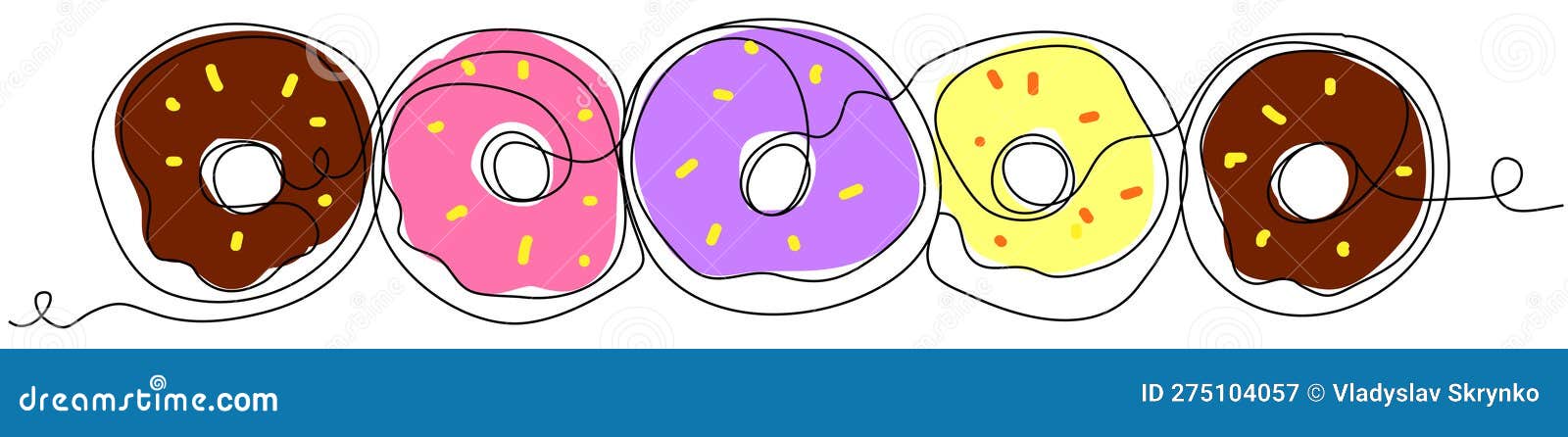 Multi-colored Donuts in One Line on a White Background. Stock Vector ...
