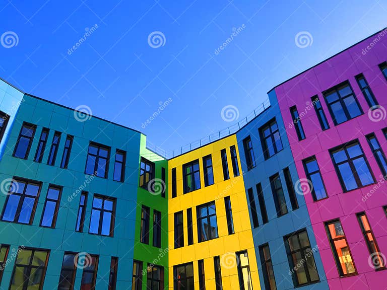 Multi-colored Facades of the School with Black Window Frames. Stock ...