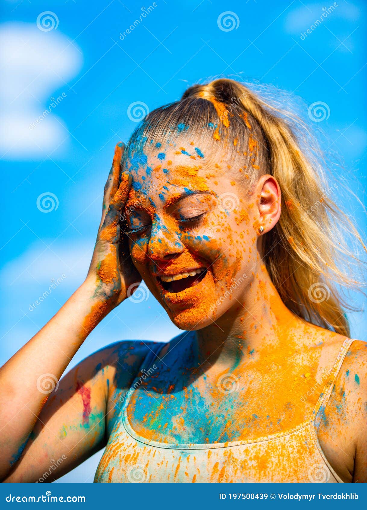 Multi Colored Face Fully Covered with Bright Holi Paint. Stock Image ...