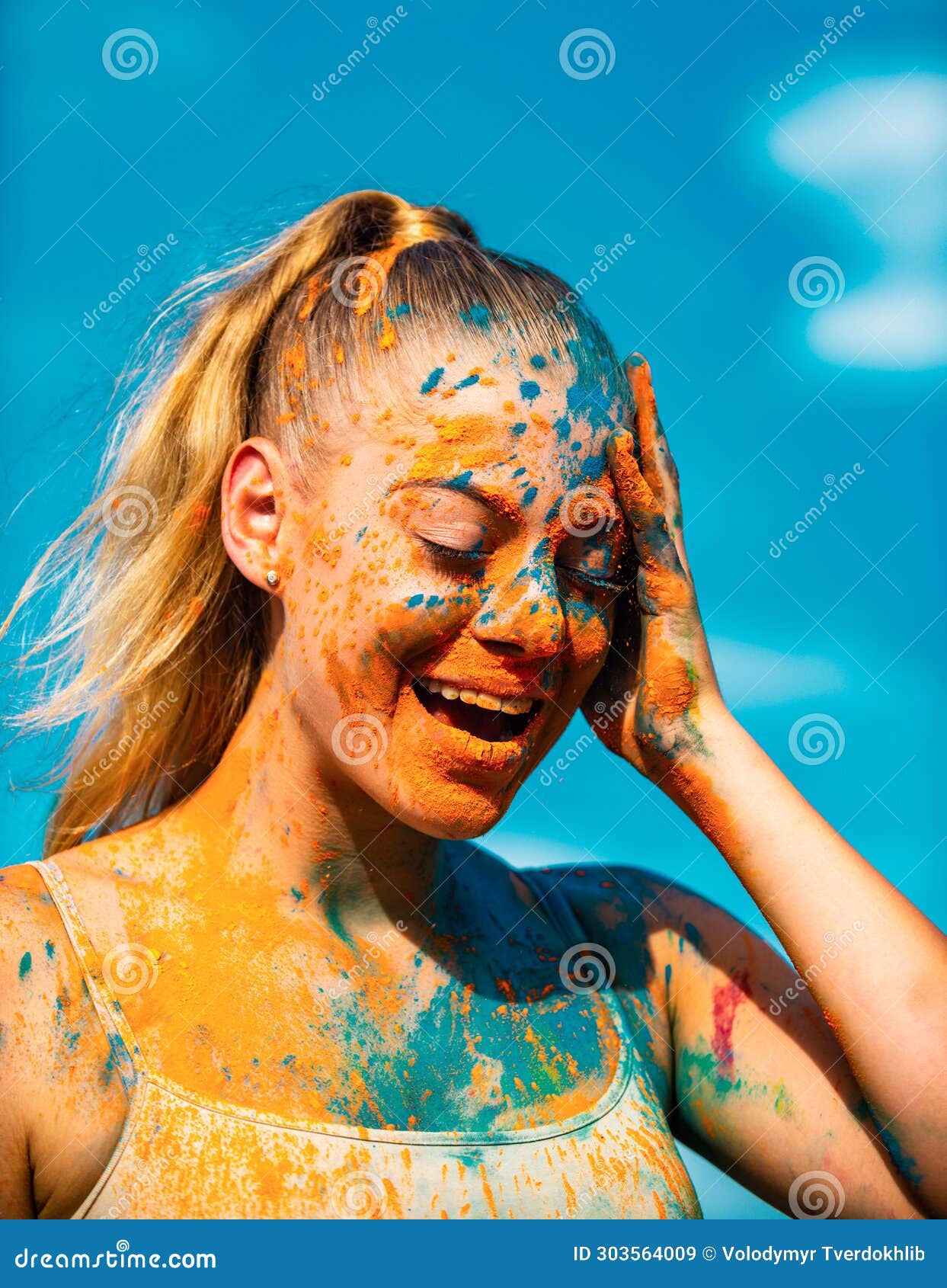 Multi Colored Face Fully Covered with Bright Holi Paint. Stock Image ...