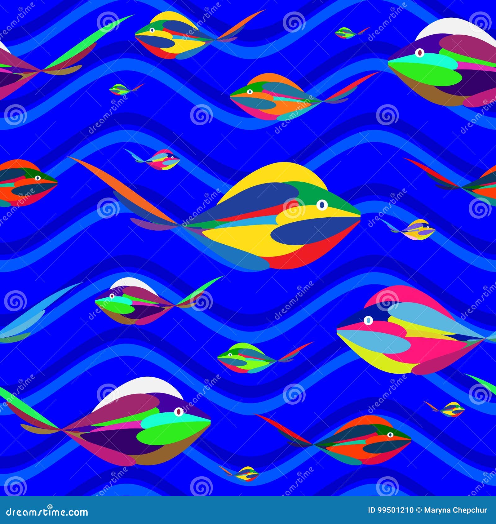 Multi-colored Fish in the Deep Waters of the Waves. Seamless Vector ...