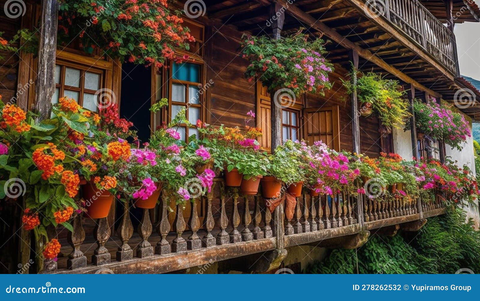 Multi Colored Flower Pot on Rustic Balcony Generated by AI Stock Photo ...