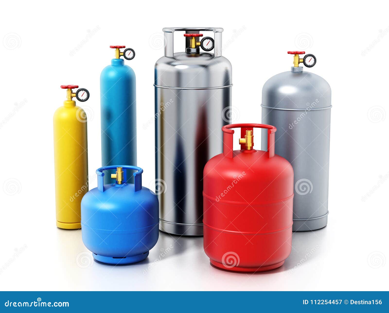 Multi-colored Gas Cylinders Isolated on White Background. 3D ...