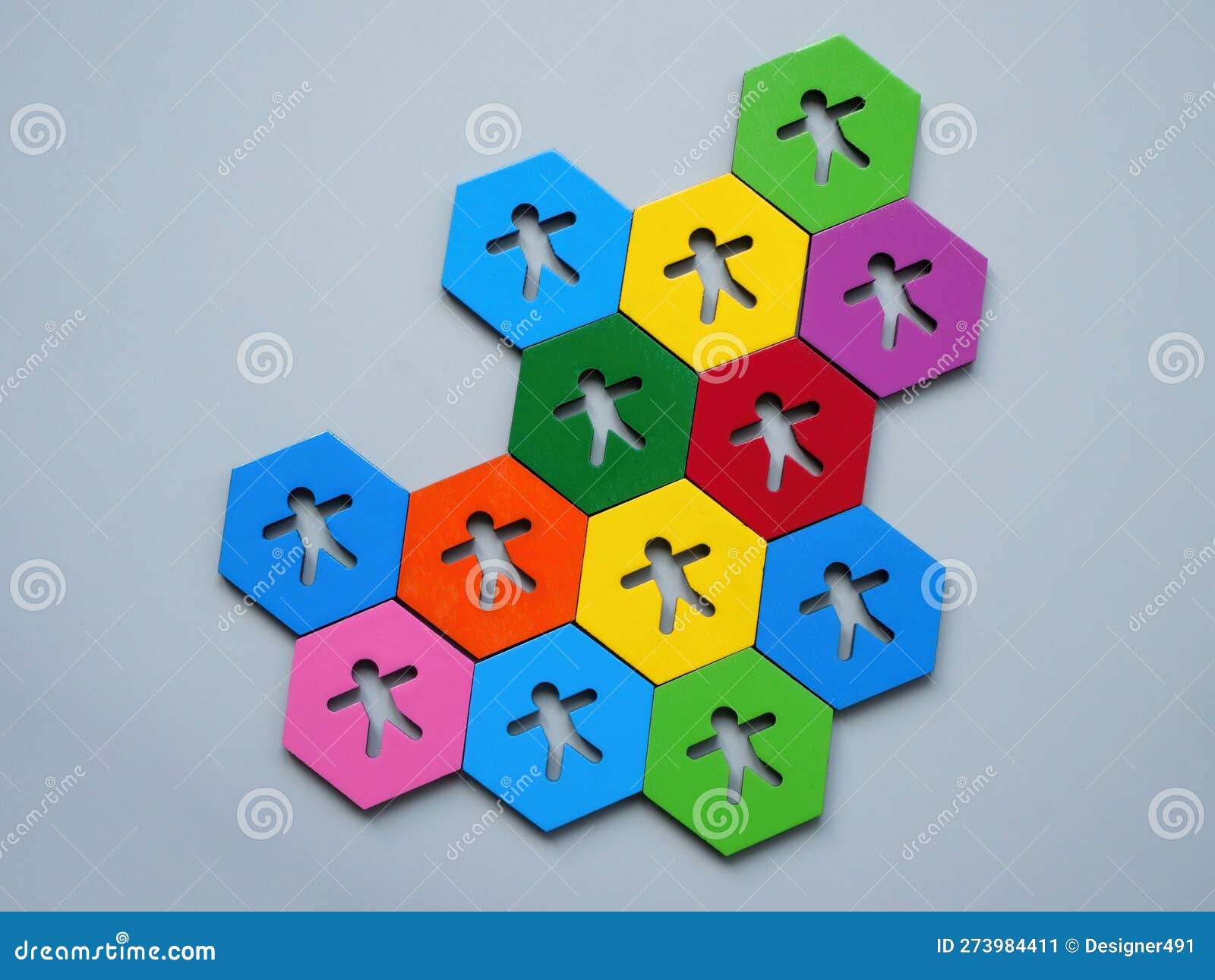 Multi-colored Hexagons with Figures As a Symbol of Unity and Teambuilding. Stock Image - Image ...