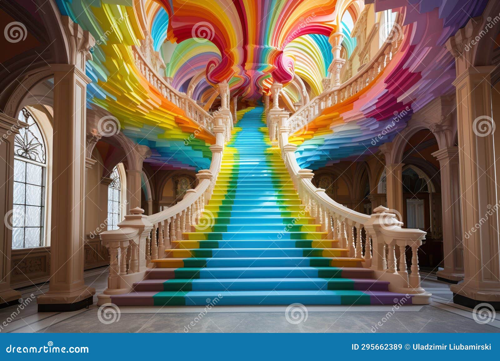 Multi-colored High Staircase Indoors . Rainbow Colored Steps. Generated ...