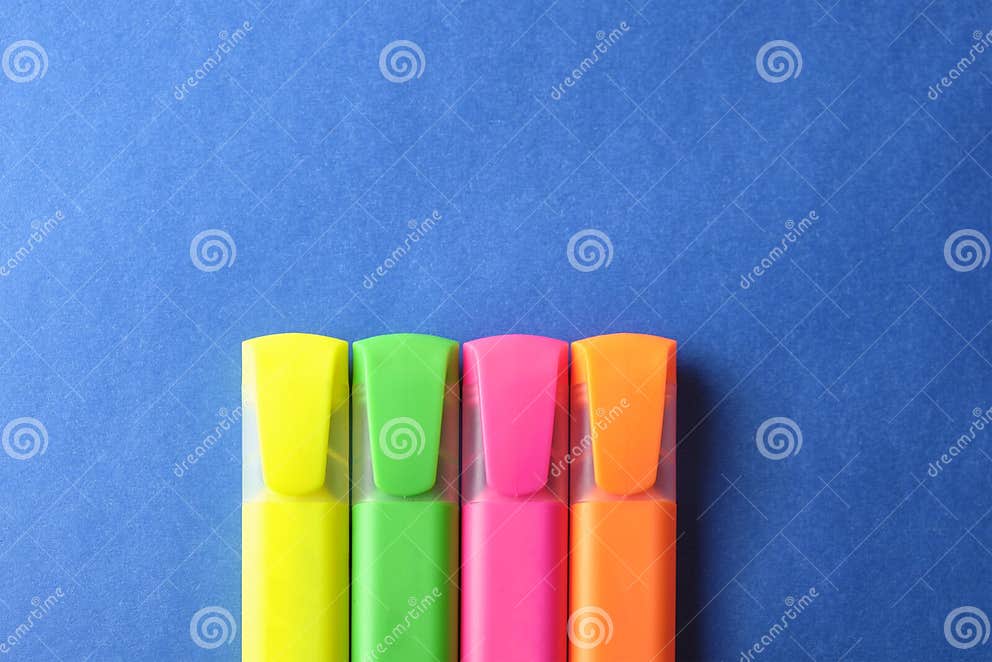 Multi Colored Highlighters at Blue Background with Copy Space Stock ...
