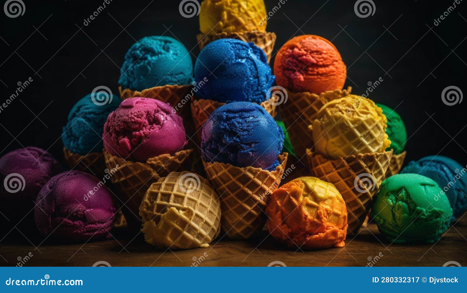Multi Colored Ice Cream Balls on Cones, a Gourmet Indulgence Generated ...