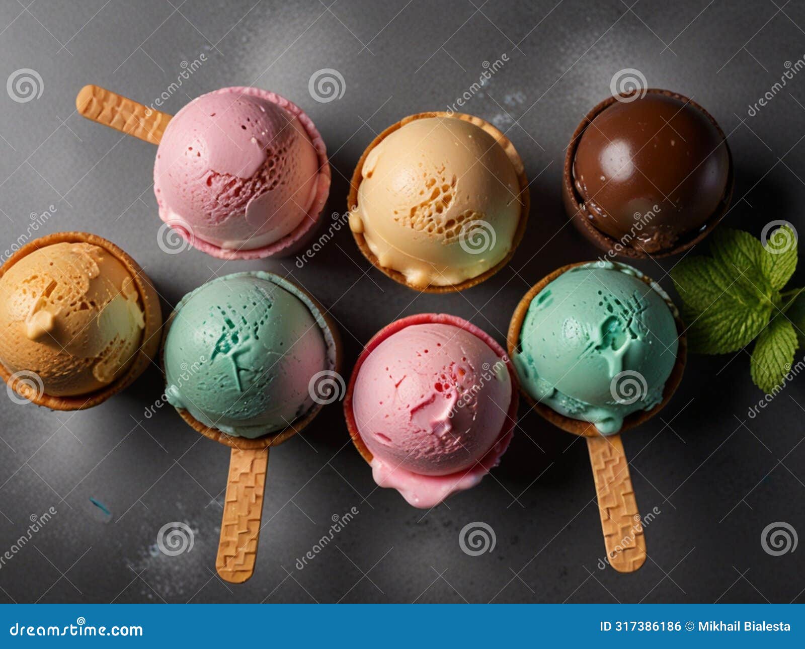 Multi Colored Ice Cream In Cups Top View Mint Leaf As An Addition Stock Illustration
