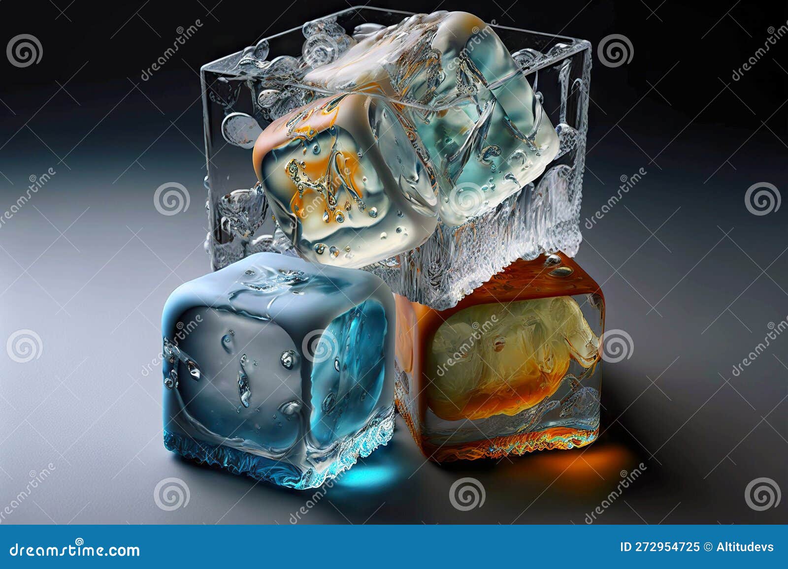 Multi-colored Ice Cubes Laid Out on Dark Glossy Table Stock ...