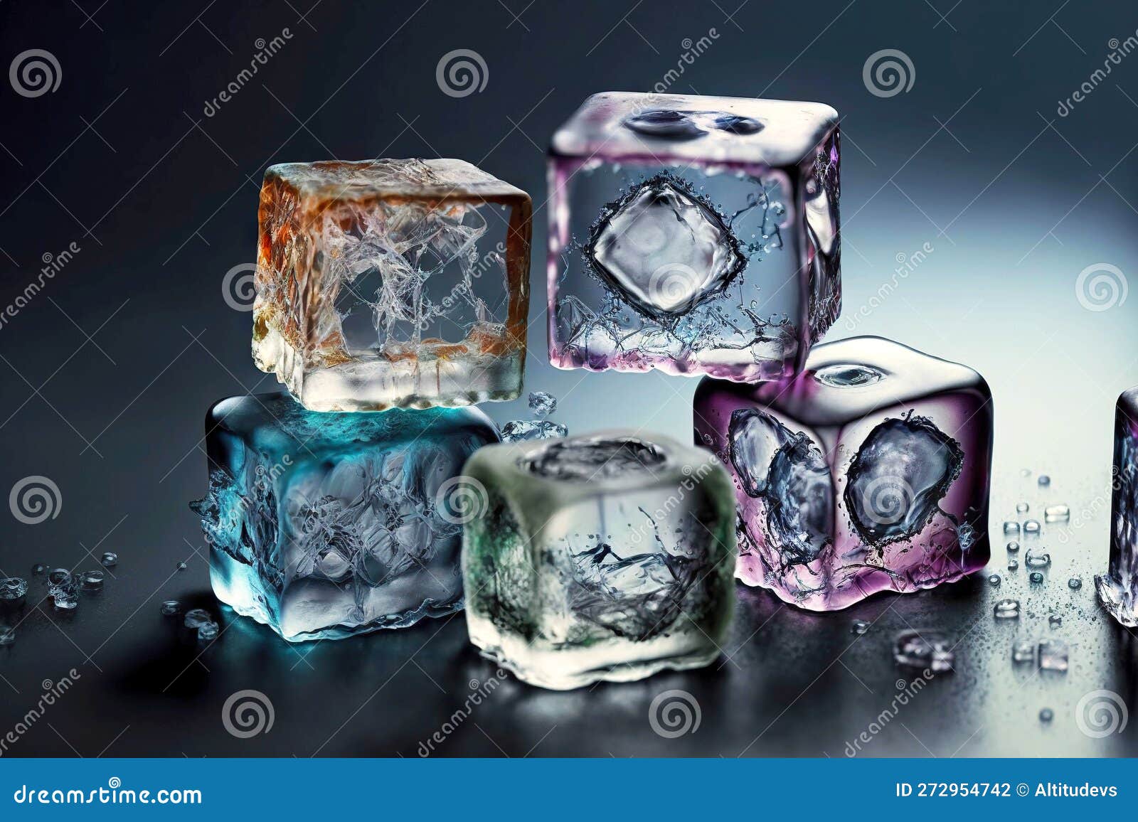 Multi-colored Ice Cubes Laid Out on Dark Glossy Table Stock Photo ...