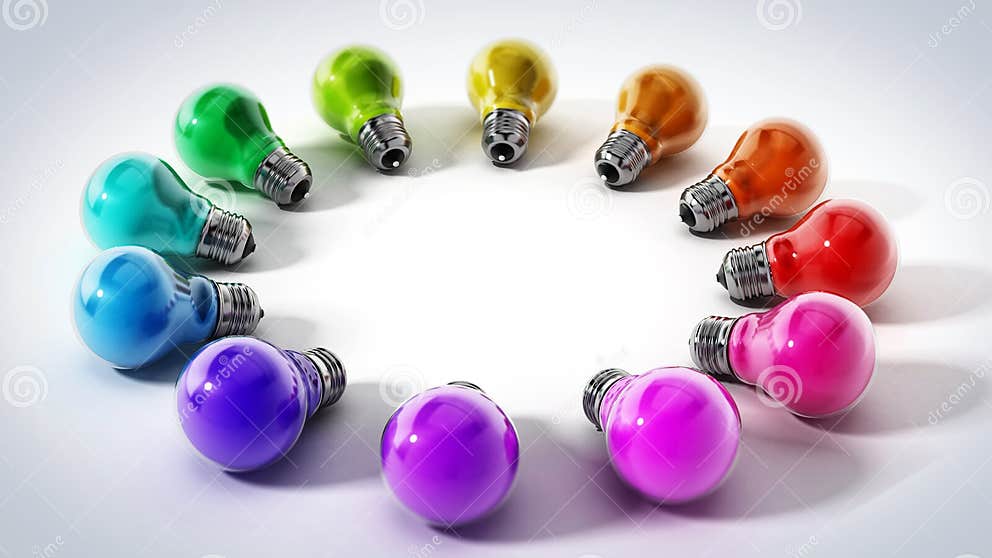 Multi Colored Lightbulbs in Circle Formation. 3D Illustration Stock ...