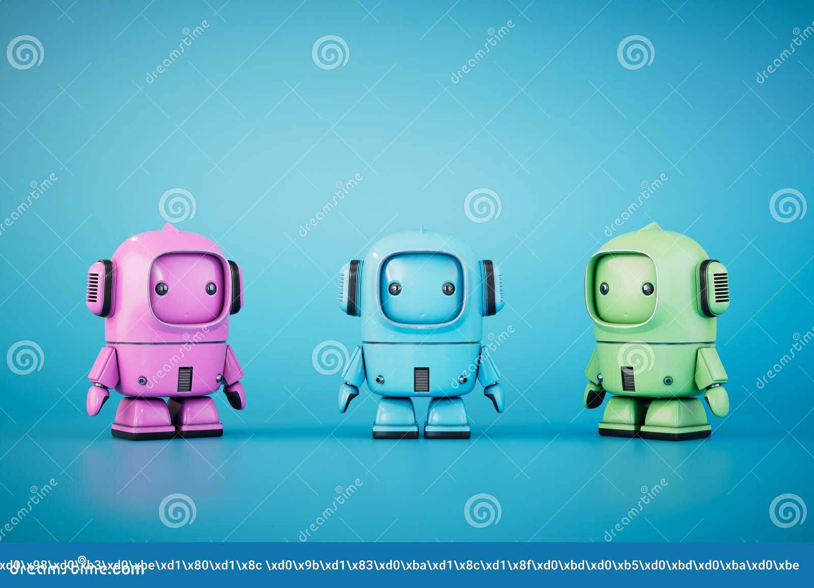 Multi-colored Little Robots on a Blue Background. 3D Render Stock ...