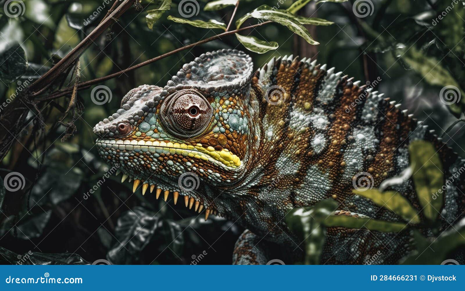 Multi Colored Lizard in Tropical Rainforest with Horned Head and ...