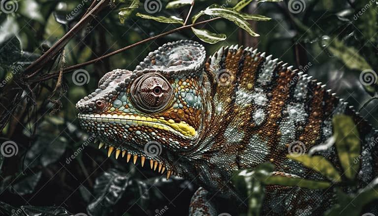 Multi Colored Lizard in Tropical Rainforest with Horned Head and ...