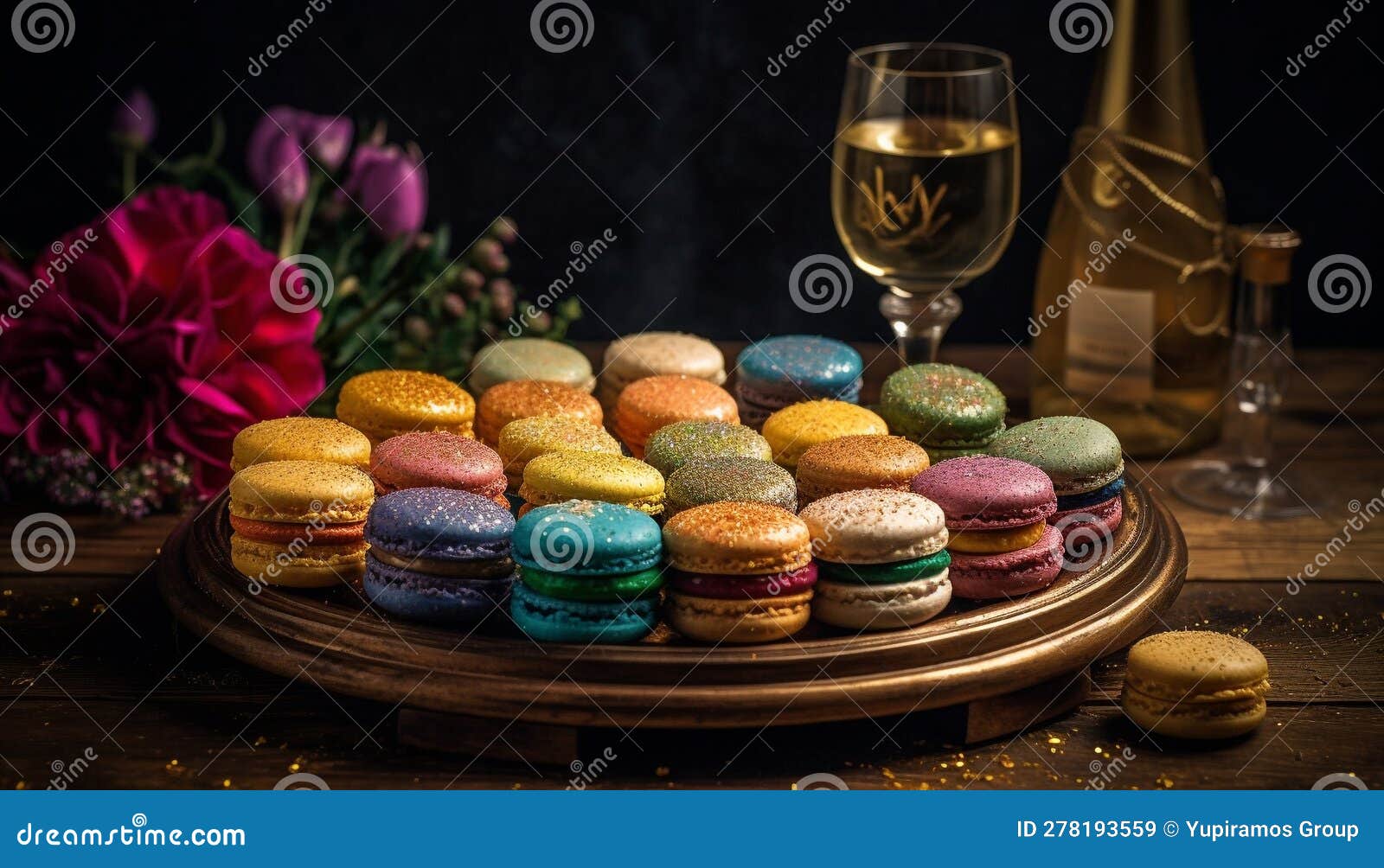 Multi Colored Macaroon Stack on Rustic Wood Plate Generated by AI Stock ...