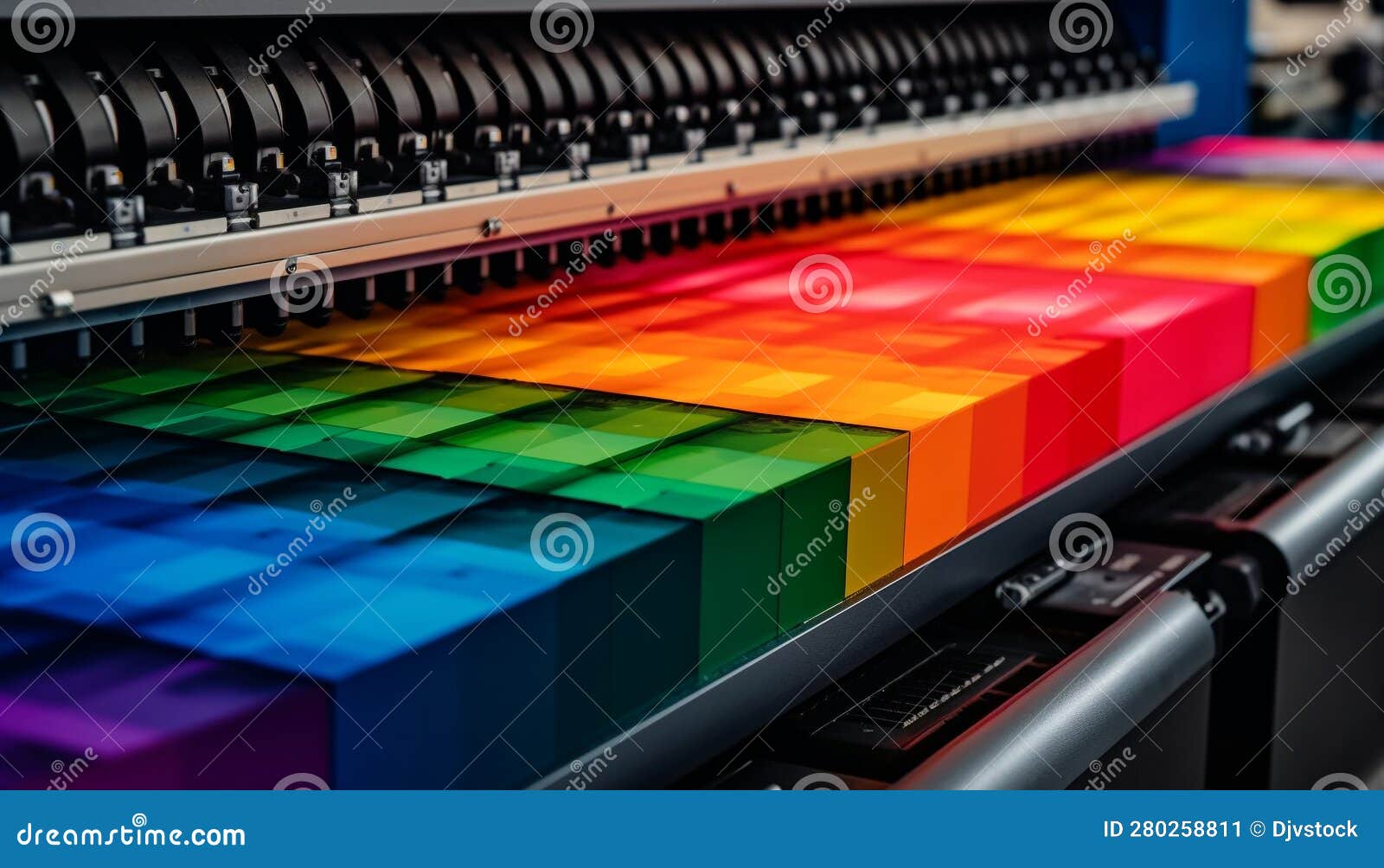 Multi Colored Machinery in a Row, Printing Press Controls Ink Order ...