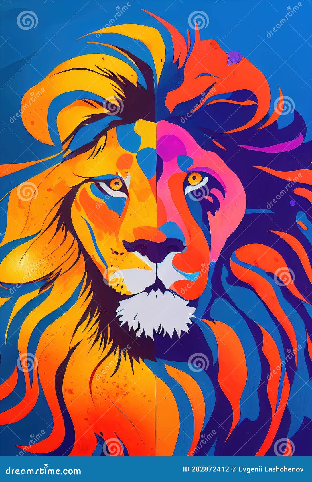 Multi-colored Muzzle of a Lion with Spots of Paint. the Head is Divided ...