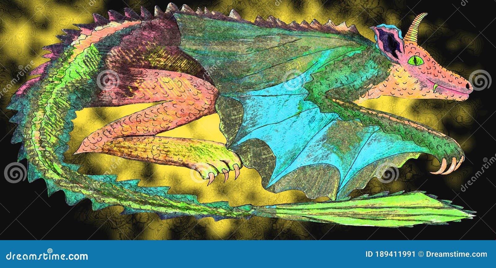 Multi-colored Mystical Dragon with Wings and a Long Tail on a Dark ...