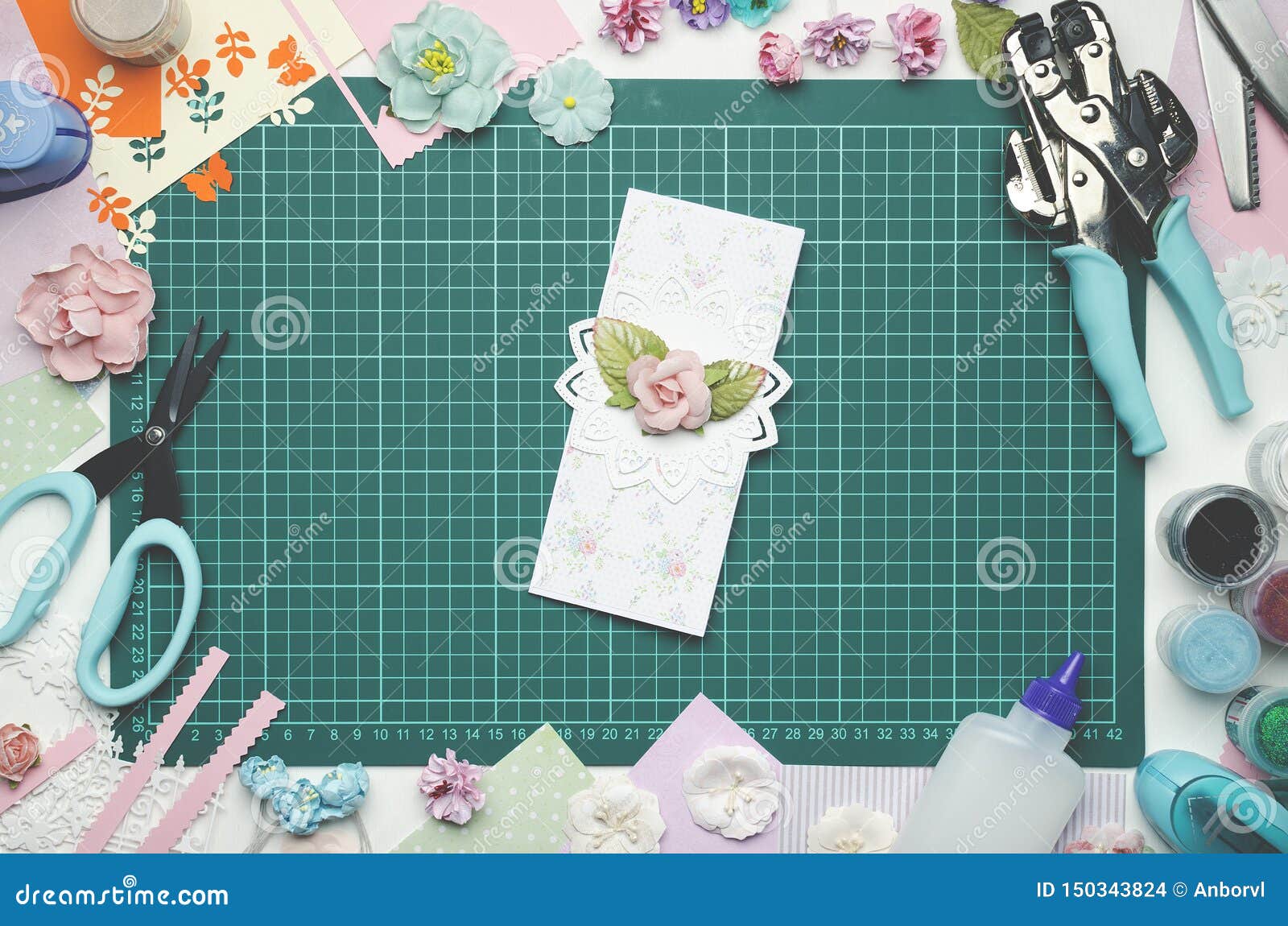 Multi-colored Paper Card on the Cutting Mat, Tools and Materials for ...