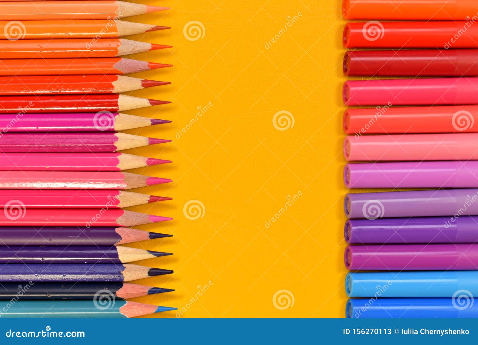 Pencils and Felt-tip Pens in Opposite Rows. Stock Image - Image of ...