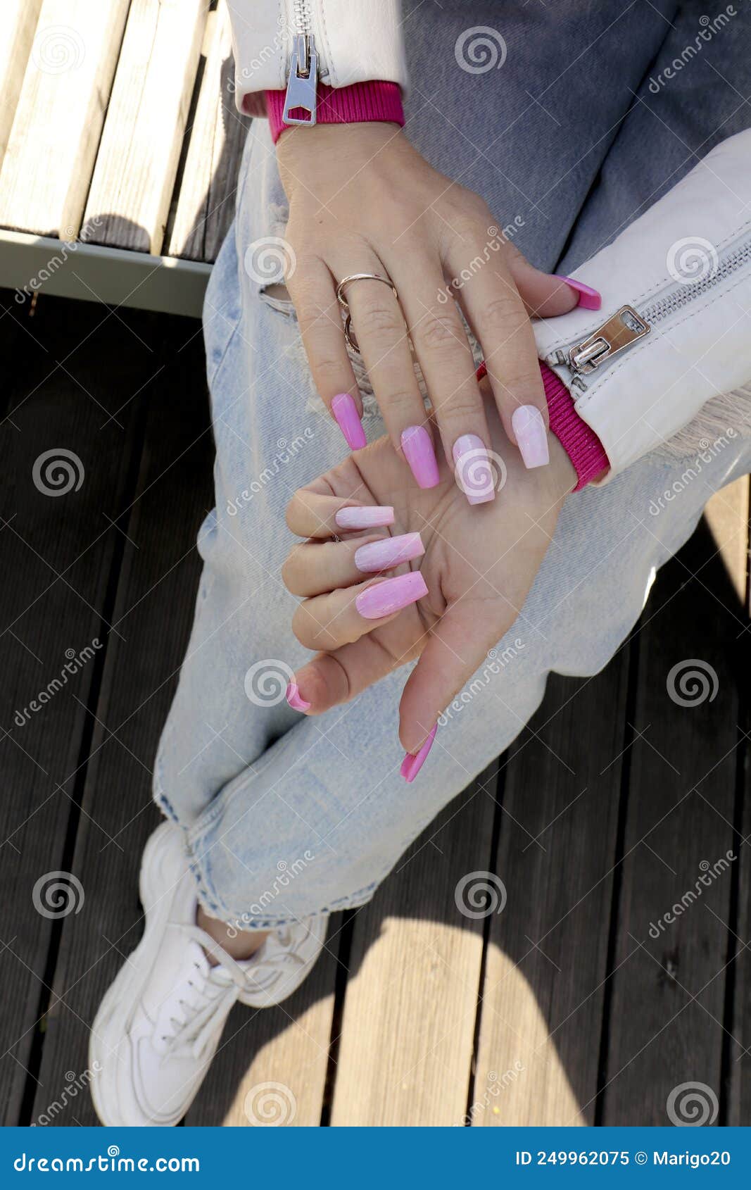 Multi-colored Pink Manicure with Long Nails. Stock Image - Image of ...
