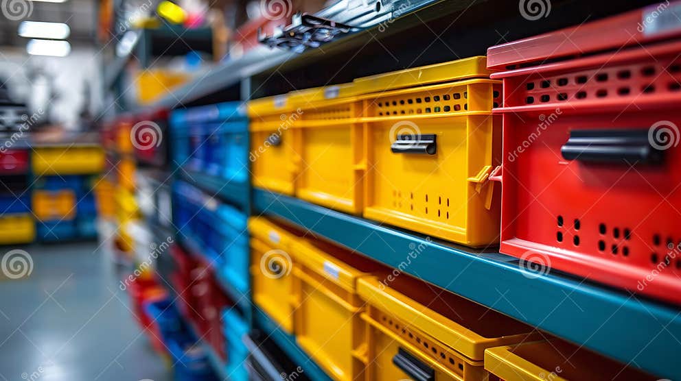 Multi-colored Plastic Storage Bins on Warehouse Shelves. Stock Image ...