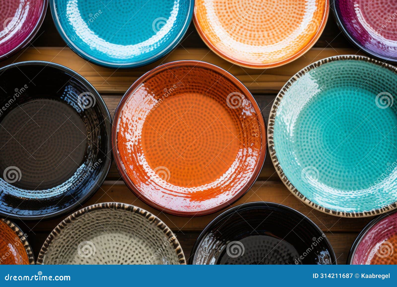 Multi-colored Plates on a Wooden Table, Top View Stock Illustration ...