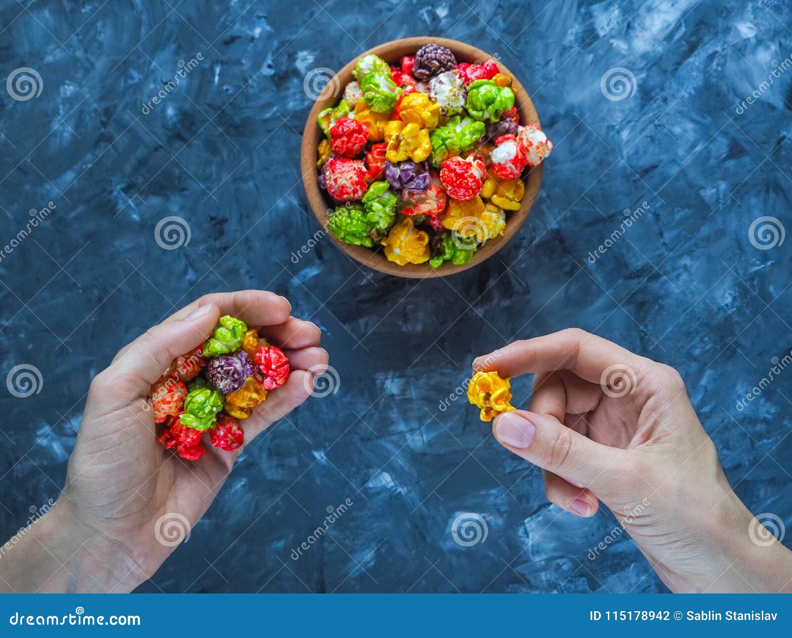 Multi-colored Popcorn on a Dark Blue Background. the View from the Top ...