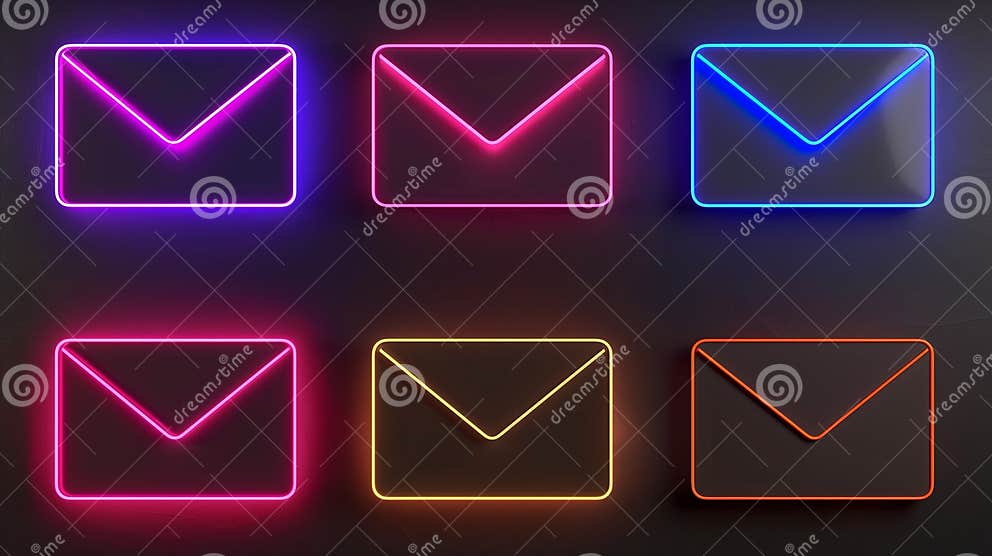 Multi-colored Postal Envelopes with a Neon Glow on a Black Background ...