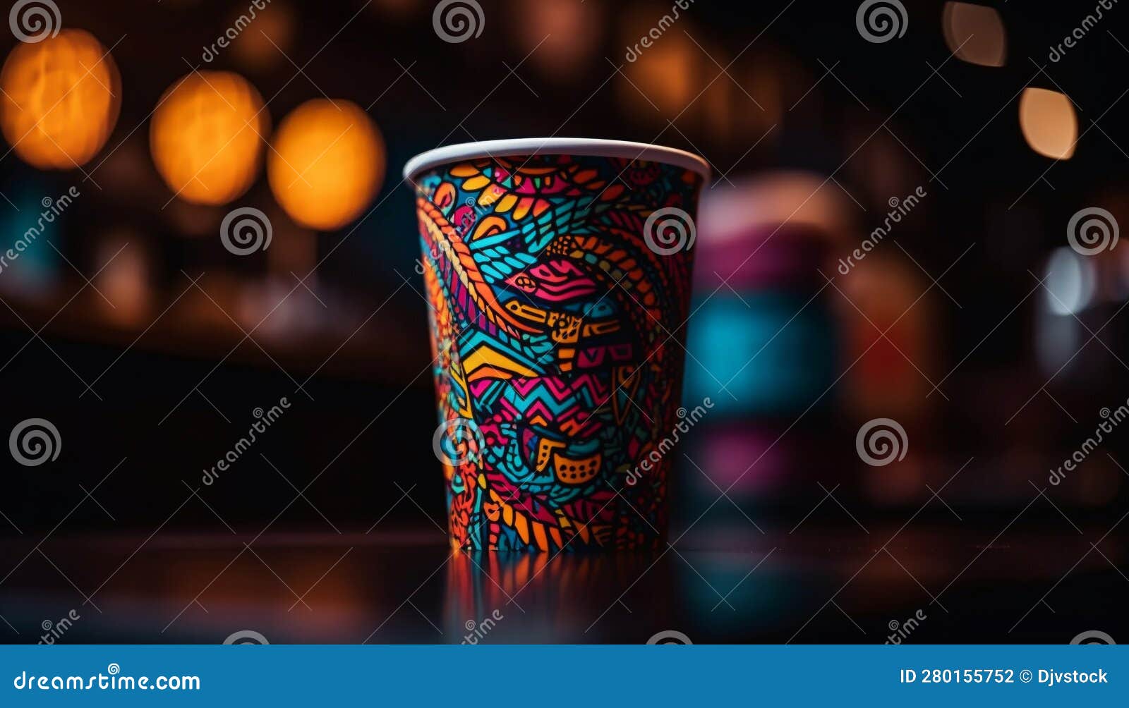 Multi Colored Pottery Vase Illuminates Bright Table in Dark Bar ...