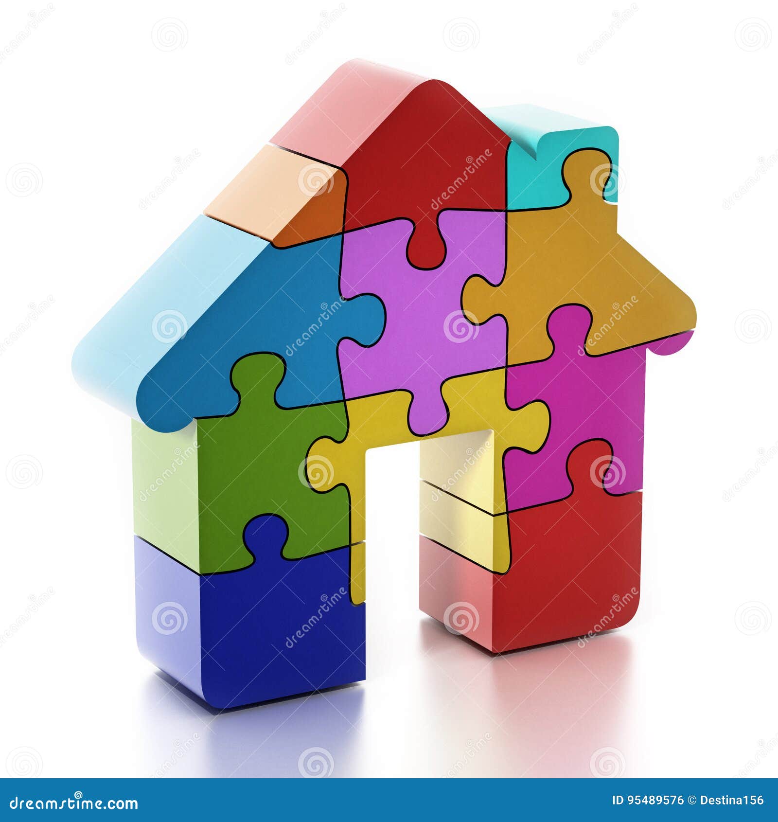 Multi Colored Puzzle Pieces Forming a House. 3D Illustration Stock ...