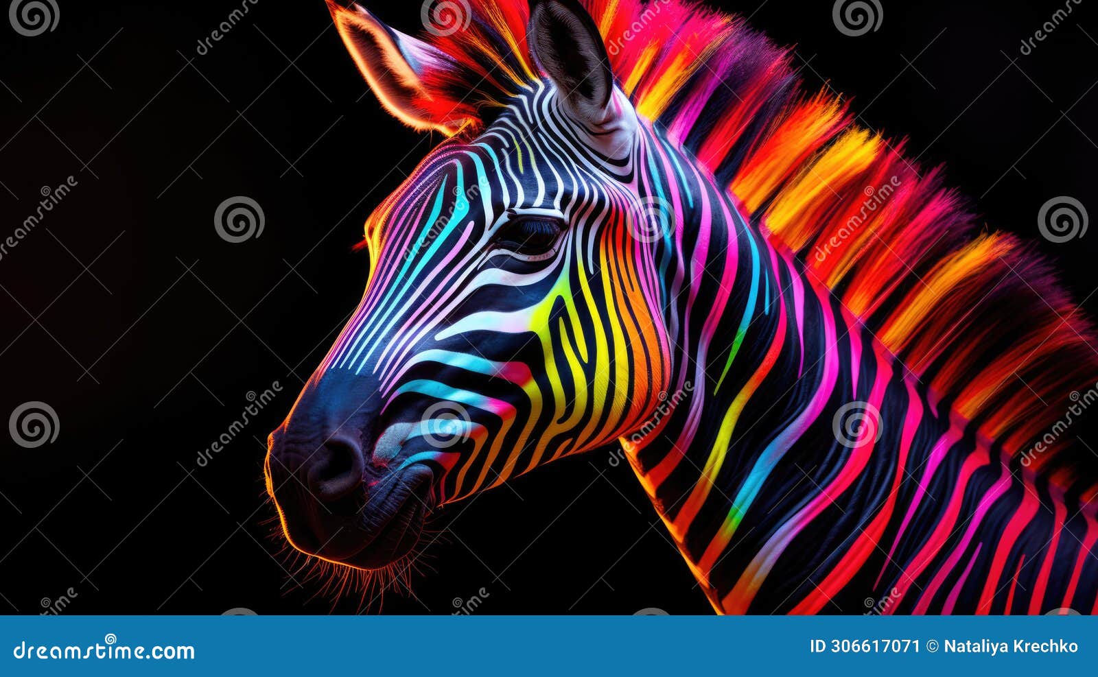Multi-colored Rainbow Neon Zebra on a Black Background. Modern Design ...