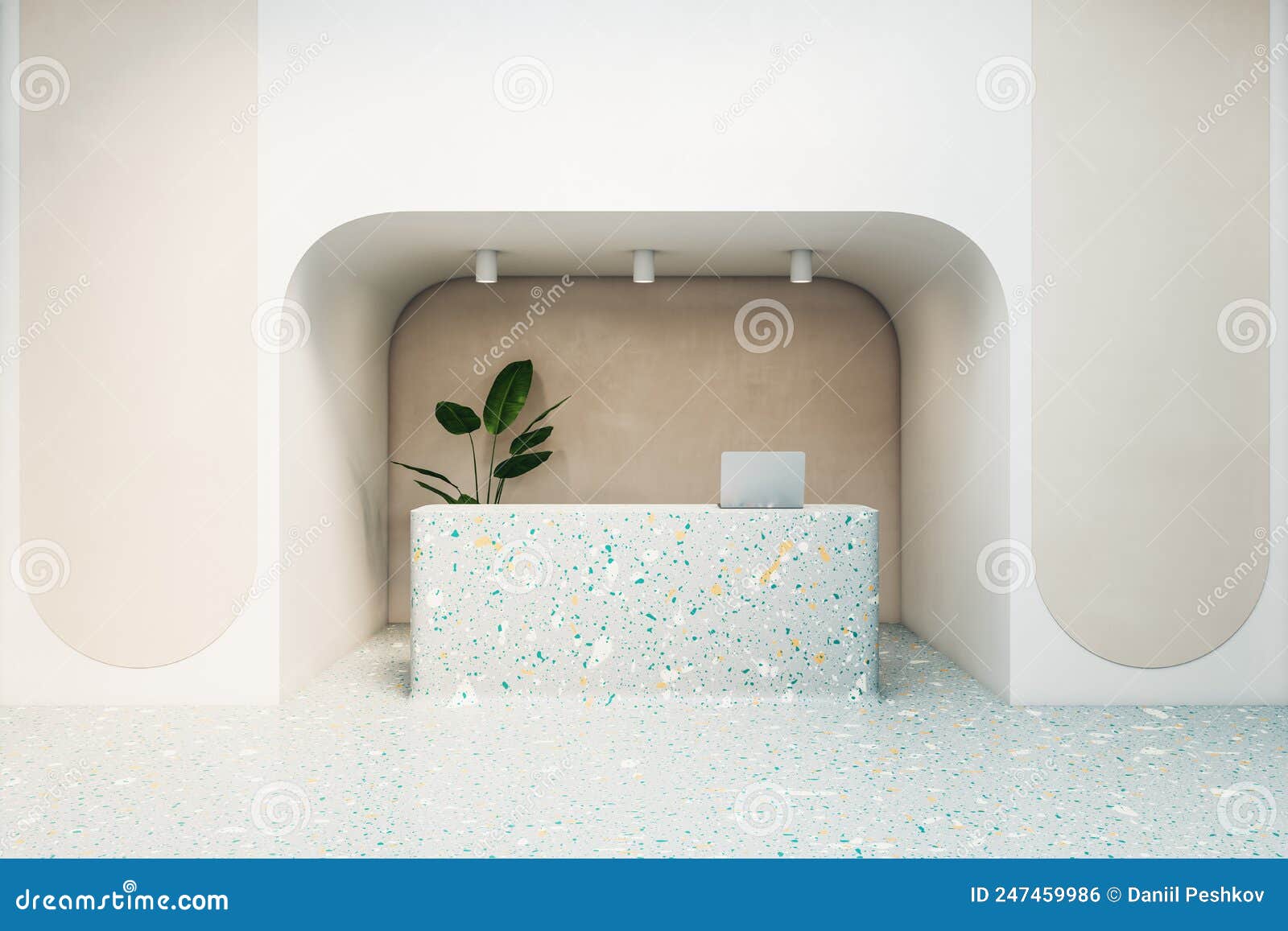 Multi-colored Reception Table with Laptop in Decorated Niche of Modern ...