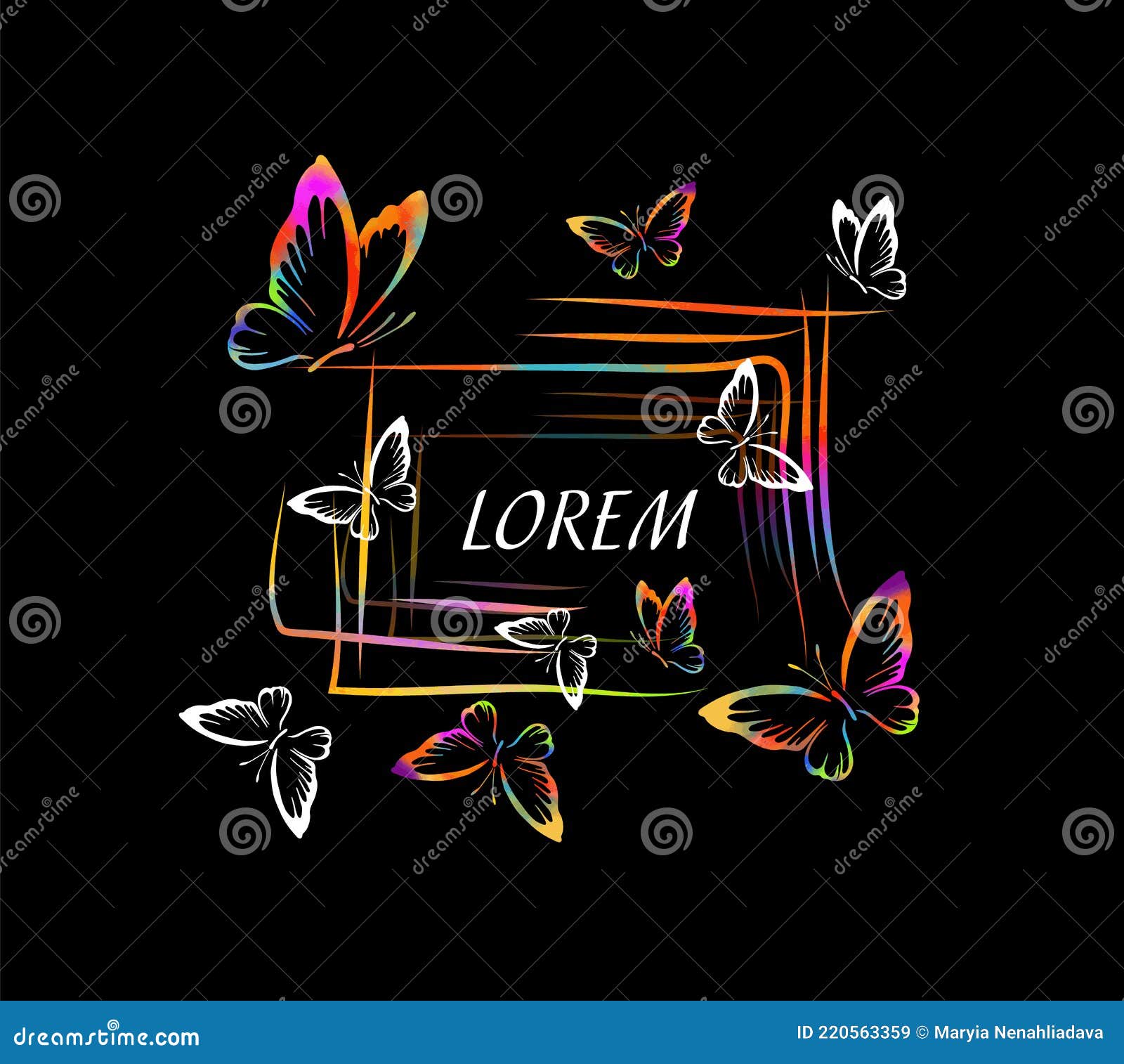 Multi-colored Rectangular Frame with Butterflies. on a Black Background ...