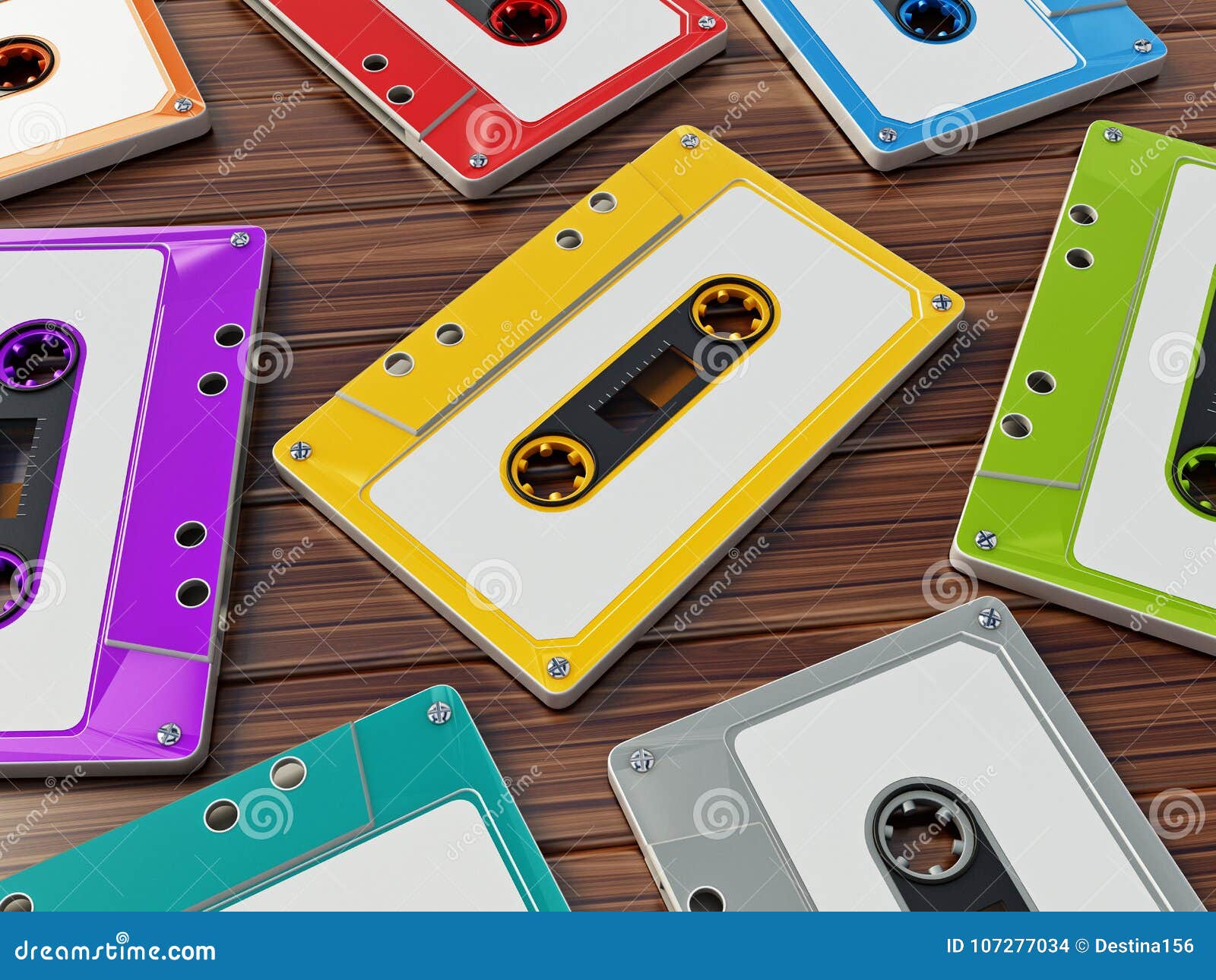 Multi-colored Retro Audio Cassettes on Wooden Table. 3D Illustration ...