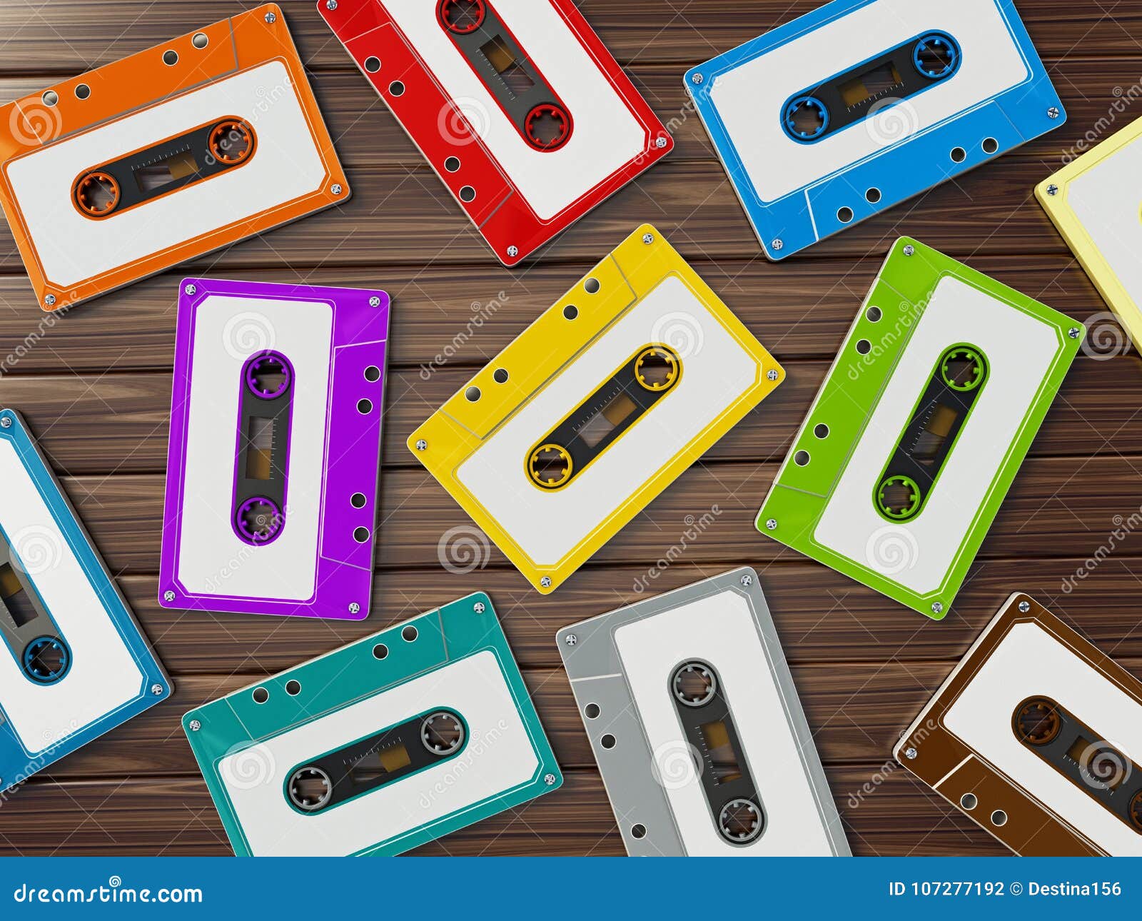 Multi-colored Retro Audio Cassettes on Wooden Table. 3D Illustration ...