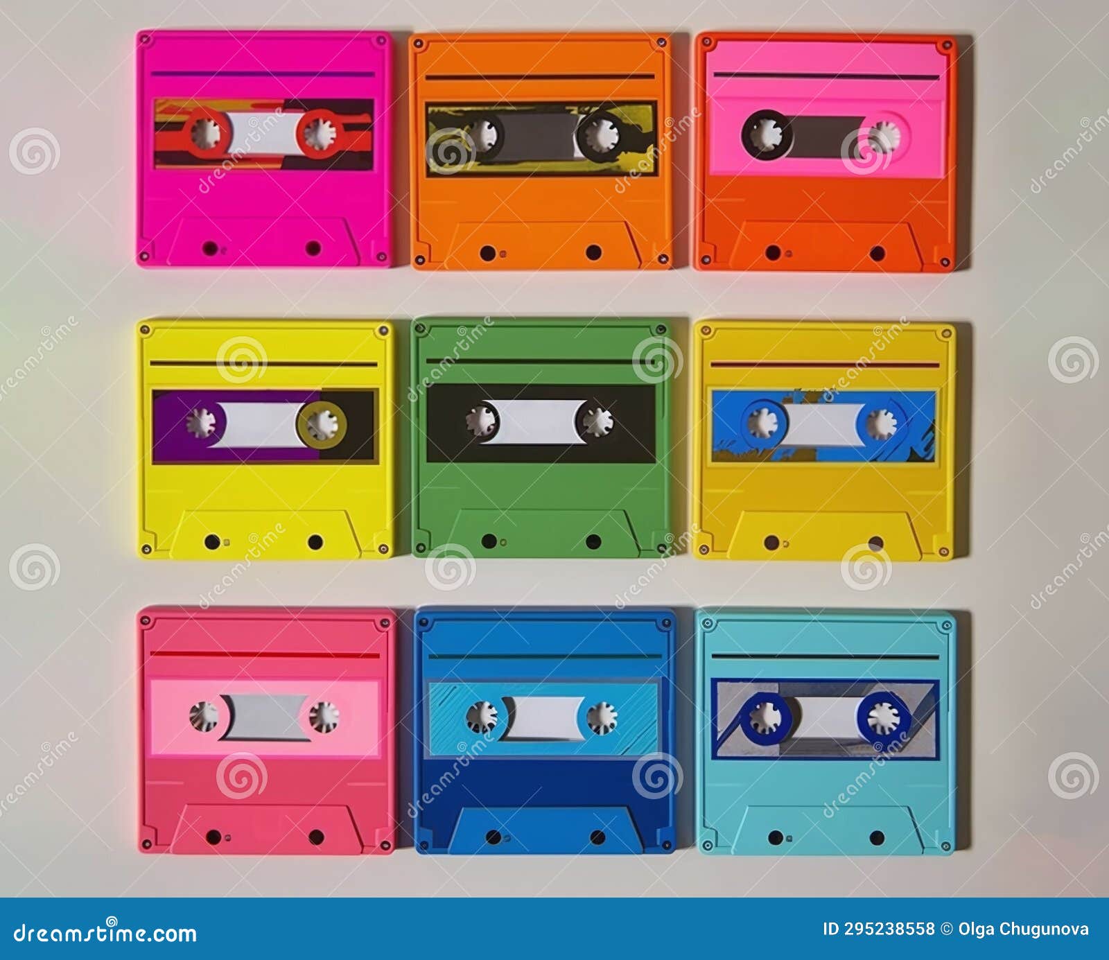 Multi-colored, Retro, Old Audio Cassettes on a Beige Background, 80 ...
