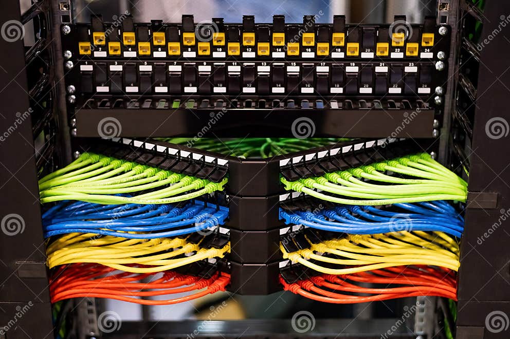 Multi-colored Rows of Network Cables are Connected To the System Stock ...