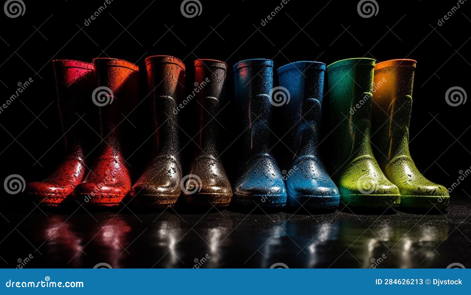 Multi Colored Rubber Boots in a Row on Wet Black Background Generated ...