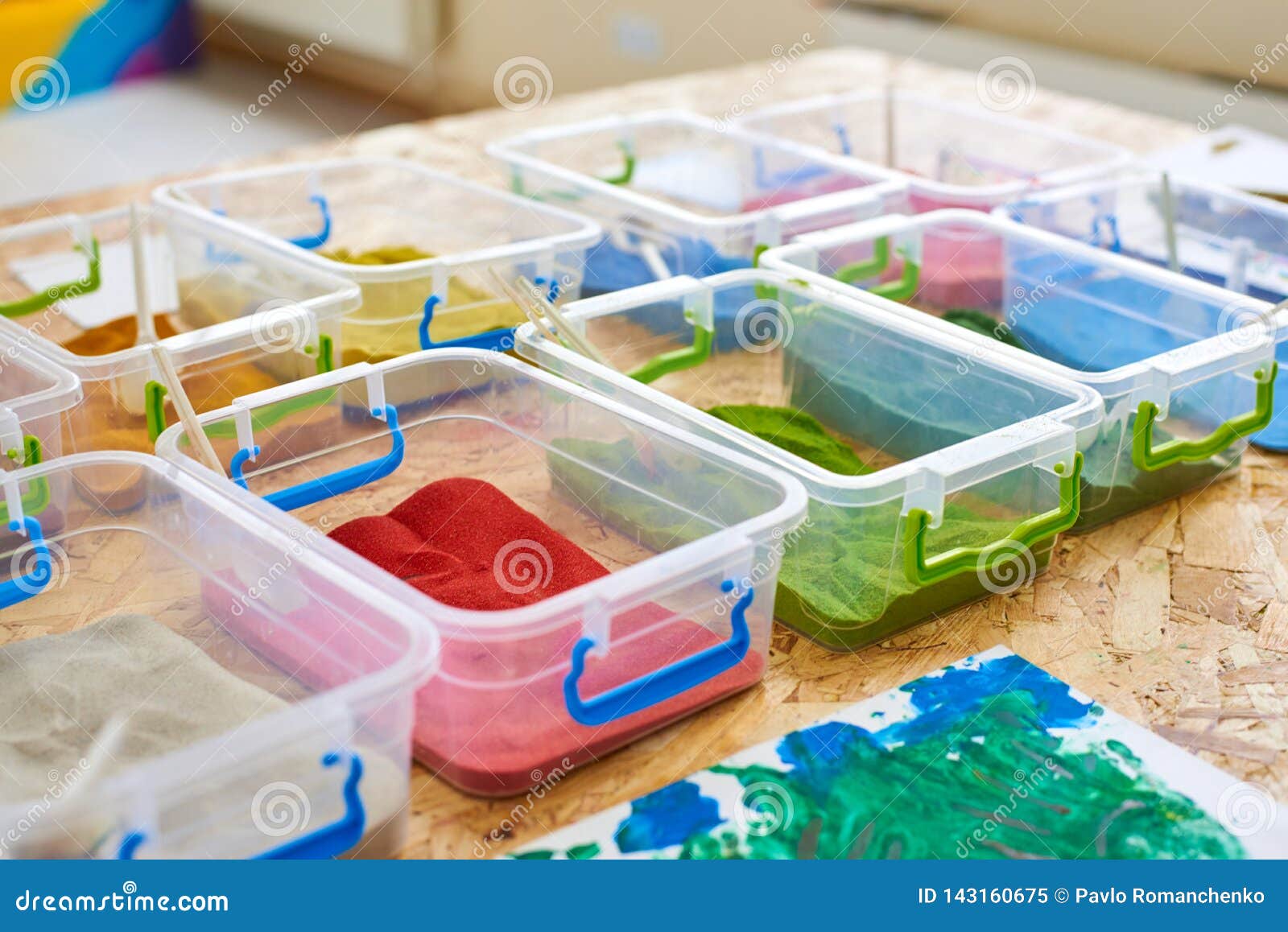 Multi-colored Sand for Drawing in Plastic Containers Stock Image ...