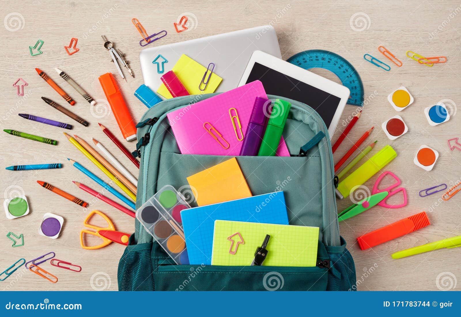 Multi-colored School Supplies and Backpack Stock Photo - Image of paint ...